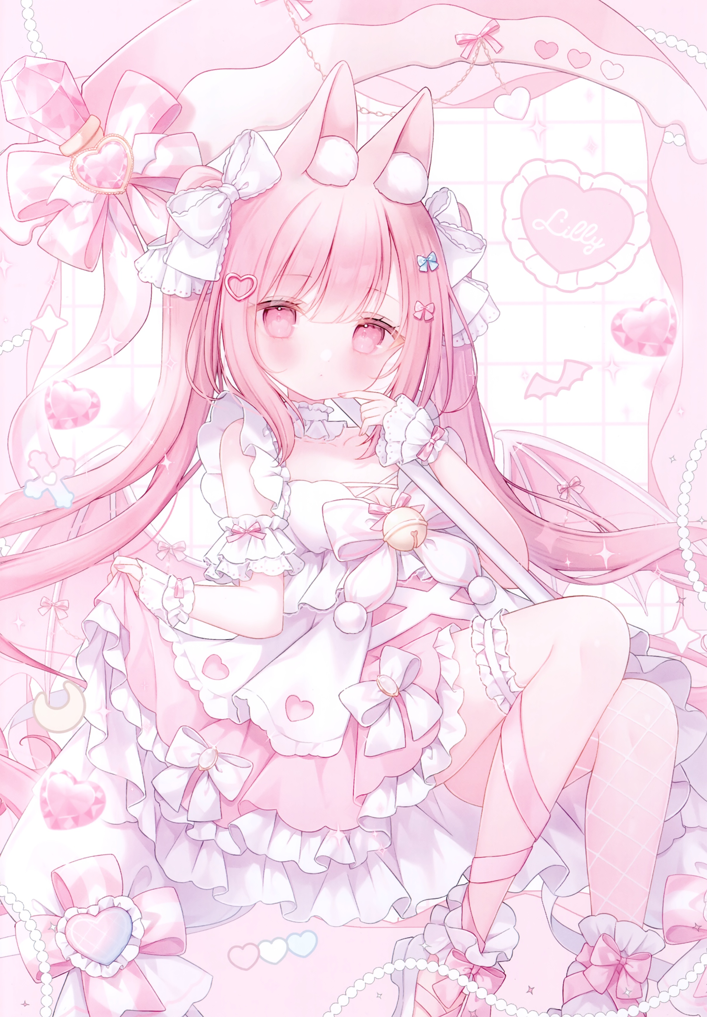 mersugar omochi monaka animal ears bunny ears dress fishnets garter skirt lift thighhighs weapon ...